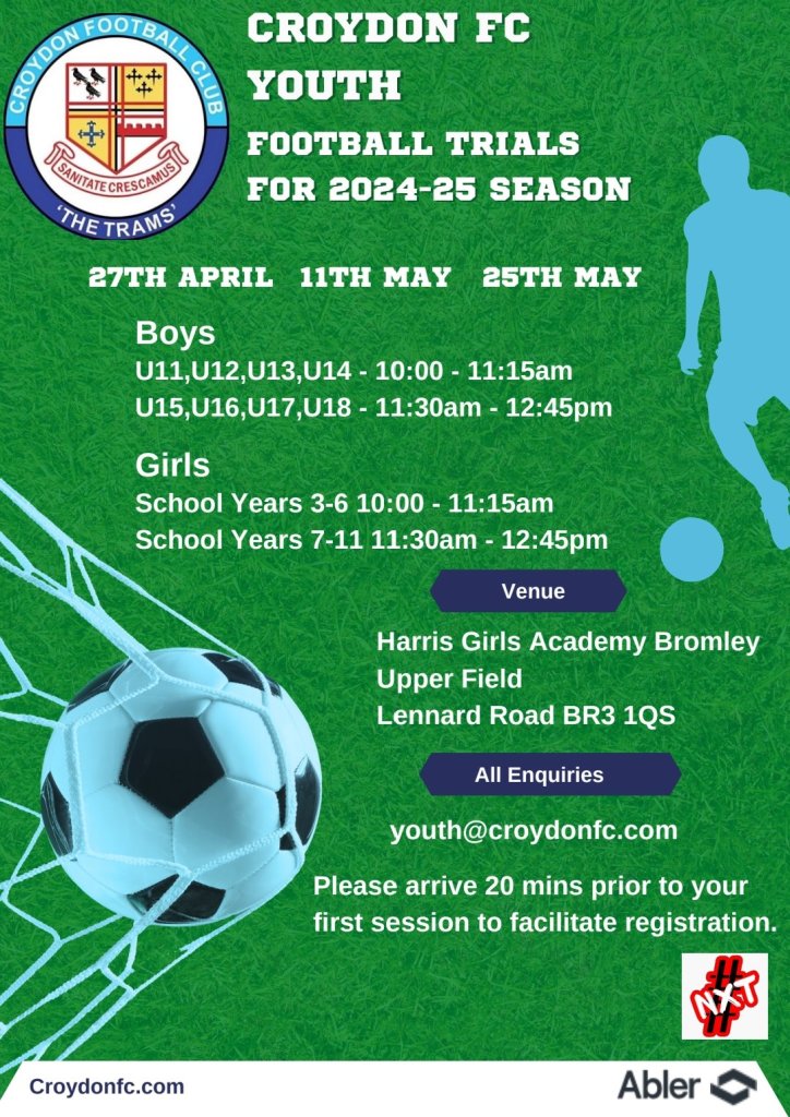 Croydon FC 2024-2025 youth trials, Apr 27, May 11 and May 25 | Inside ...